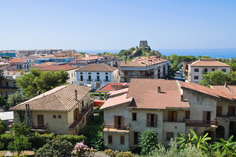 Aerial View of Scalea City and Sea Coast at Sunset, Province of Cosenza ...