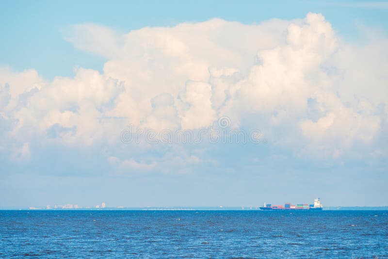 Panoramic View of the Seascape with a Container Ship Stock Photo ...