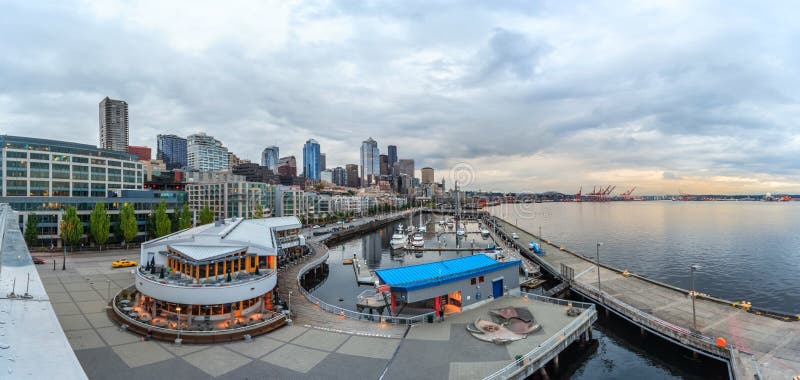Panoramic View of Seattle Downtown and Anthony S Pier 66 Stock Photo ...