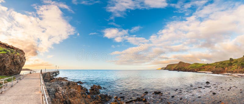 Panoramic View of Second Valley Beach with Jetty at Sunset Stock Photo ...