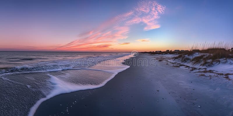 Panoramic View of a Serene Beach at Dawn with Soft Waves Gently Lapping ...