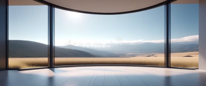 Panoramic View of Serene Landscape through Large Curved Windows in ...