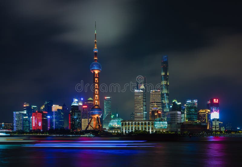 Panoramic View of Shanghai Skyline at Night Editorial Stock Image ...