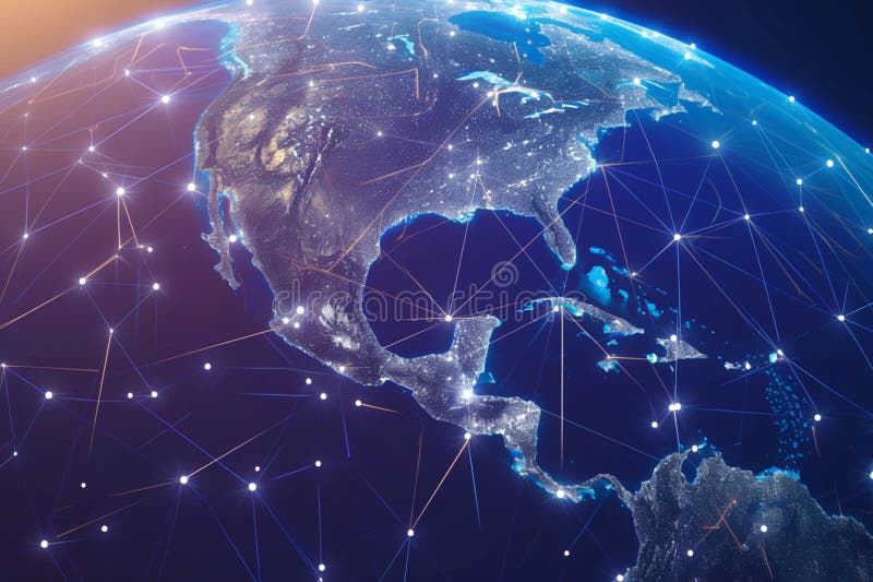 Panoramic View Showcases Global Network Connection with Dotted Earth ...