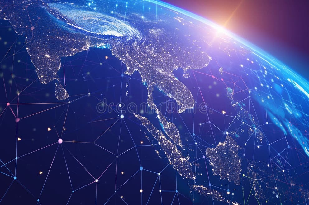 Panoramic View Showcases Global Network Connection with Dotted Earth ...