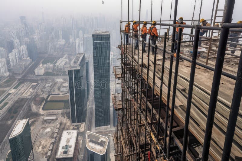 Panoramic View of Skyscrapers with Scaffolding and Construction Workers ...