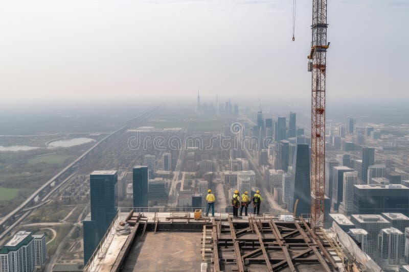 Panoramic View of Skyscrapers with Scaffolding and Construction Workers ...