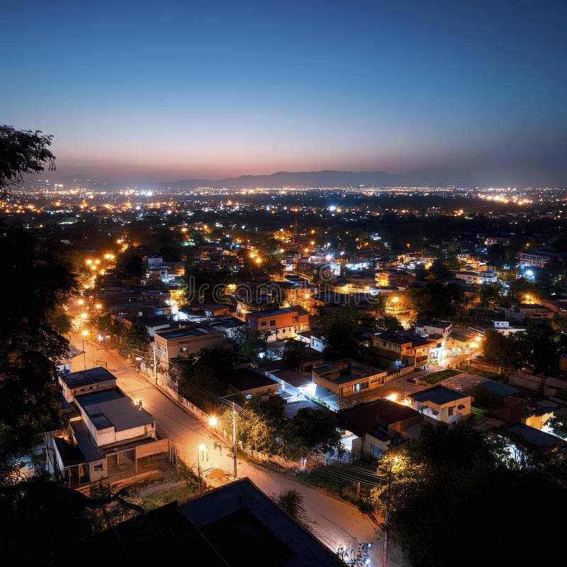 A Panoramic View of a Small City at Night. Stock Photo - Image of scape ...