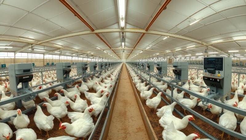 Panoramic View of a Smart Poultry Farm with Automated Feeders, Climate ...