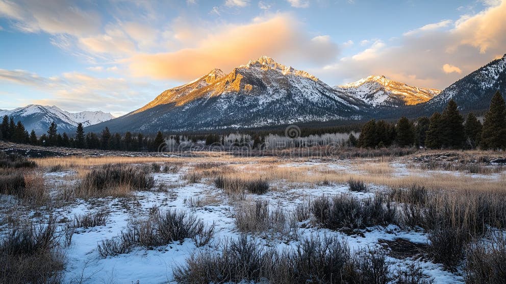 A Panoramic View of a Snow-capped Mountain Range with the Sun Rising in ...