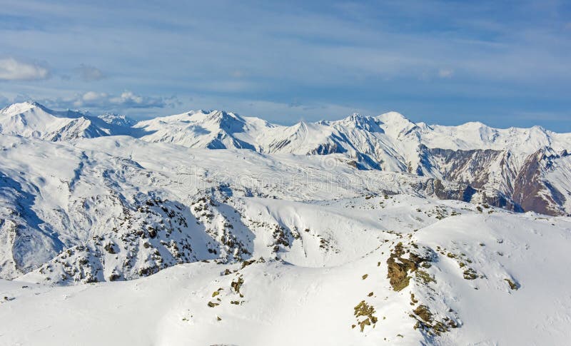 Panoramic View of Snowy Mountain Range in Winter Stock Photo - Image of ...