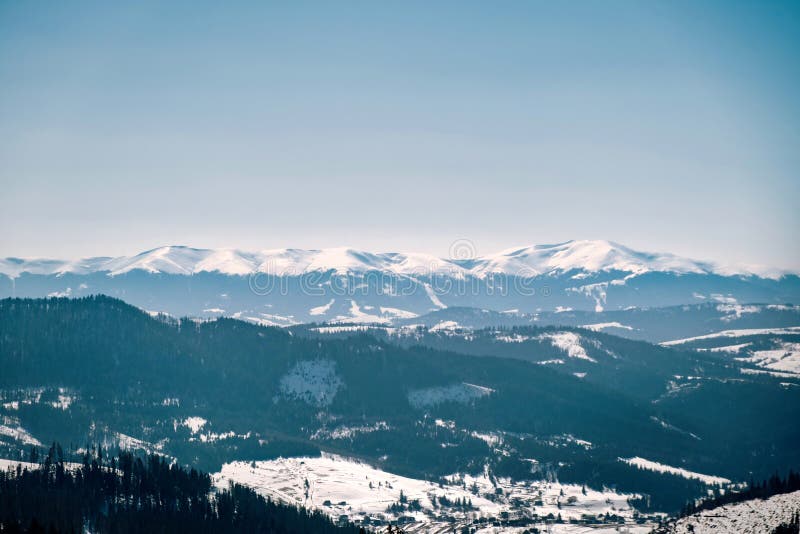 Panoramic View of the Snowy Mountains. View on Mountains with Meadows ...