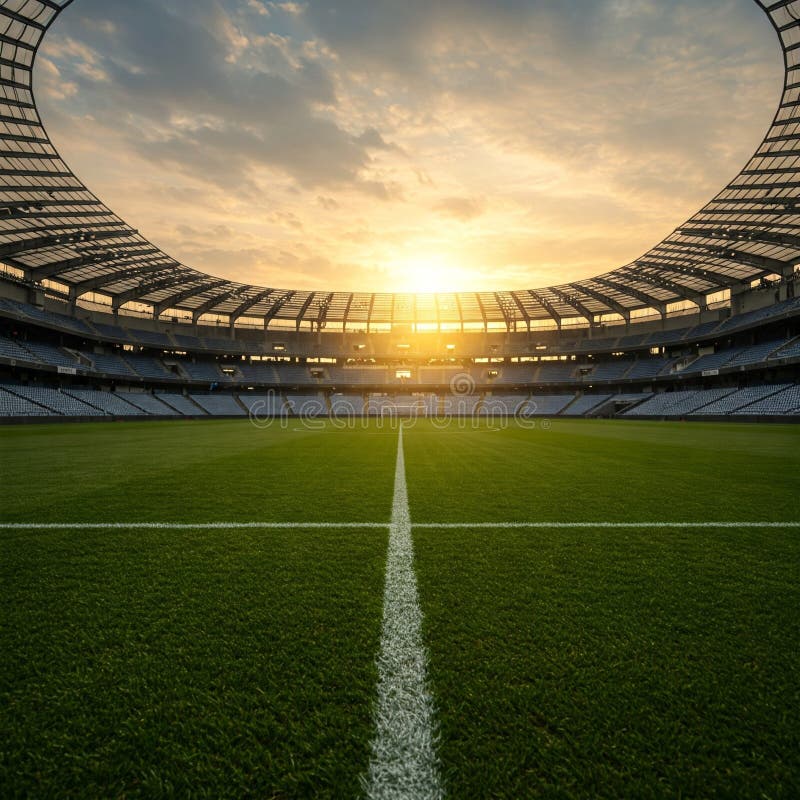 A Panoramic View of a Soccer Stadium with a Vibrant Sunset in the ...