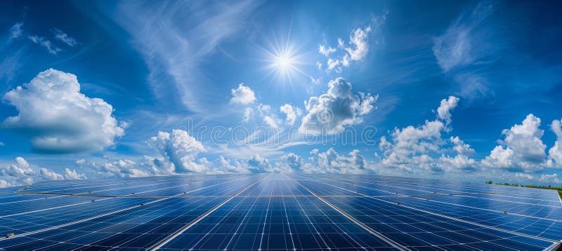Panoramic View of Solar Panel Against Clear Blue Sky with Ample Space ...