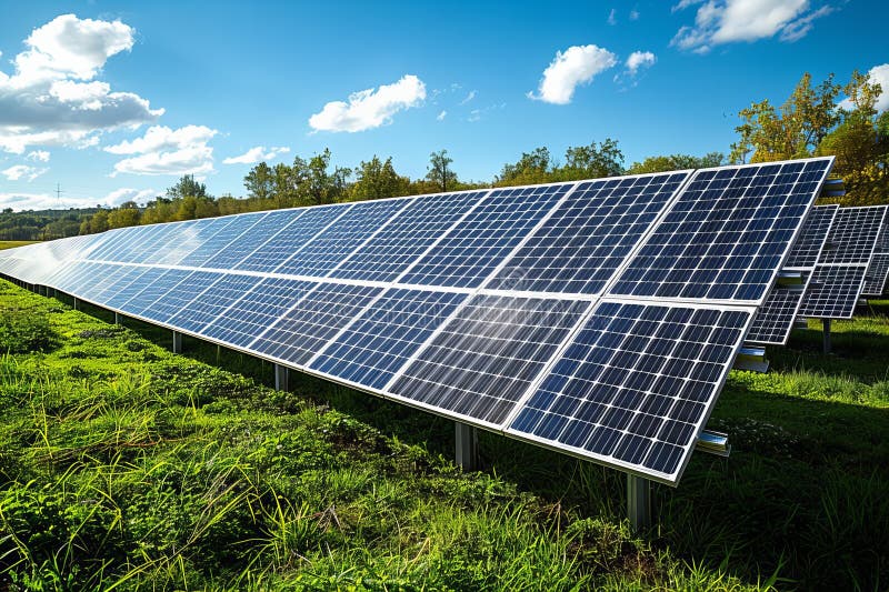 A Panoramic View of Solar Panels in an Open Field, with the Sun Casting ...