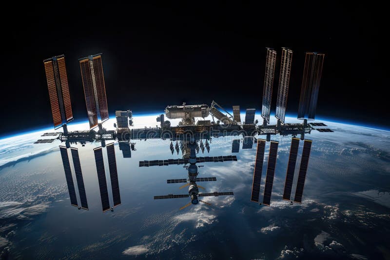 Panoramic View of Space Station, with Distant Planets and Stars Visible ...