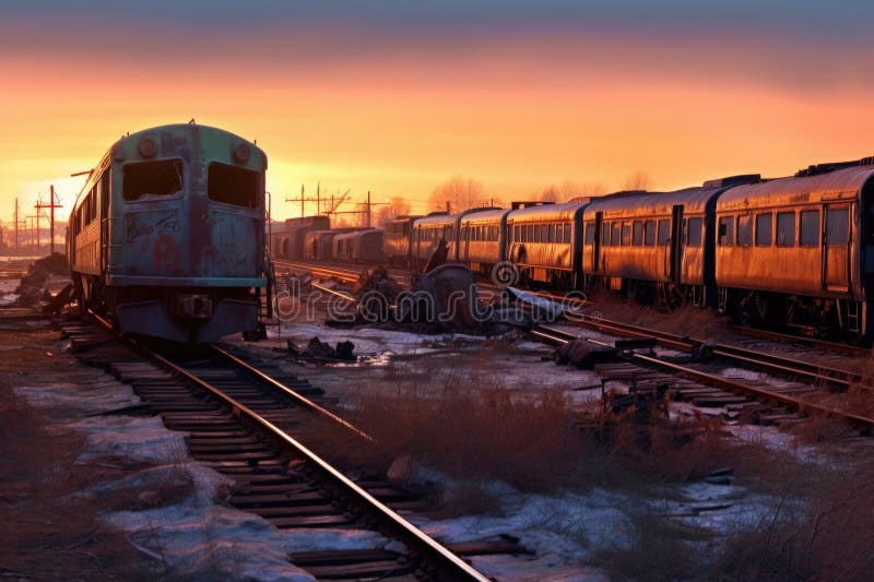 Panoramic View of a Sprawling Train Graveyard at Dusk Stock ...