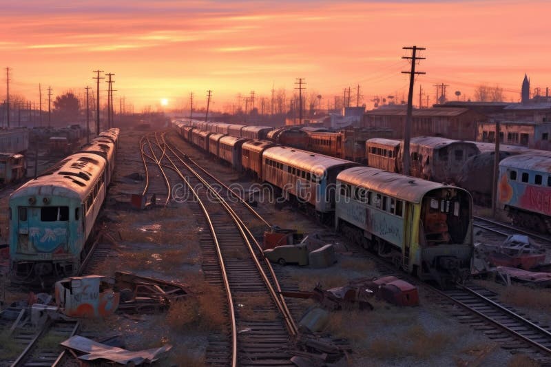 Panoramic View of a Sprawling Train Graveyard at Dusk Stock ...