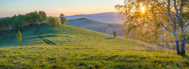 Panoramic View of a Spring Morning, Beautiful Sunrise Stock Photo ...