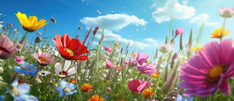 Panoramic View of Spring Wild Flowers in a Meadow - AI Generated Stock ...