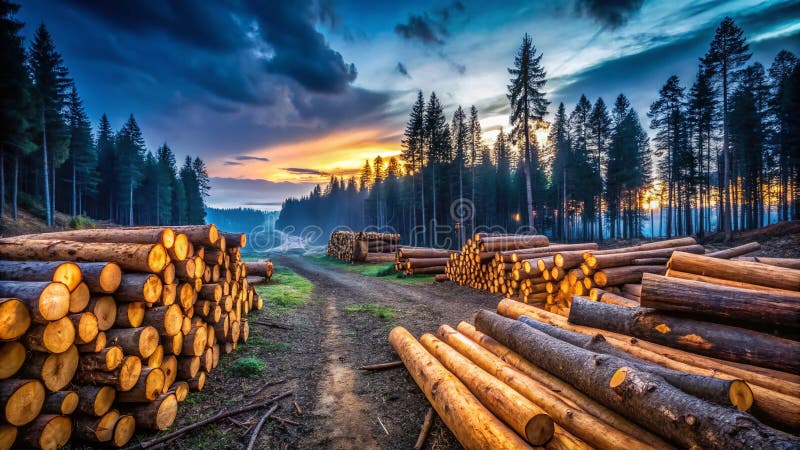 A Panoramic View of Stacked Pine and Spruce Timber in a LowLight Forest ...