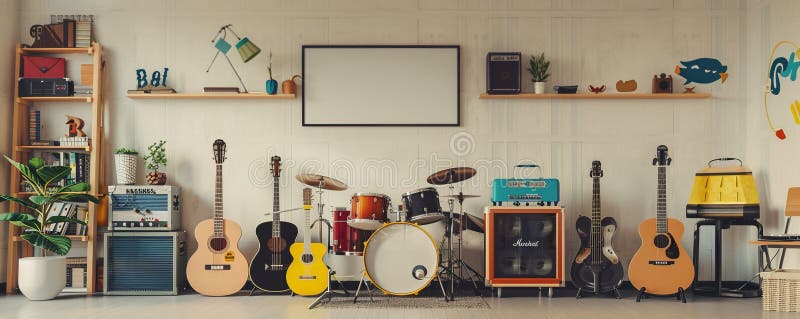 Panoramic View of a Stylish Music Room with Guitars, Drums, and ...