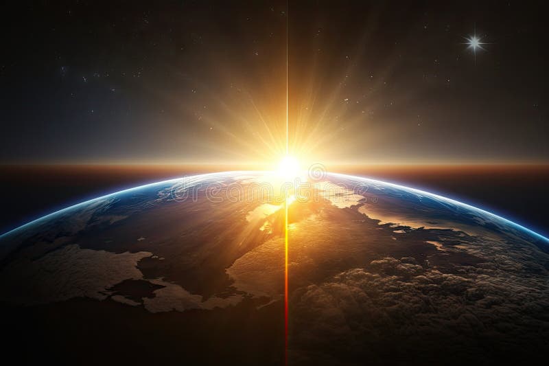 Panoramic View of the Sun Rising Over a Globe, with Rays of Light ...