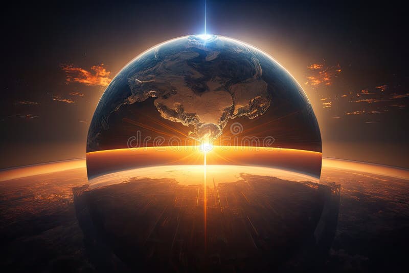 Panoramic View of the Sun Rising Over a Globe, with Rays of Light ...