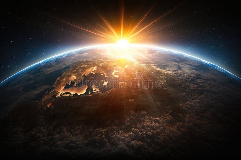 Panoramic View of the Sun Rising Over a Globe, with Rays of Light ...