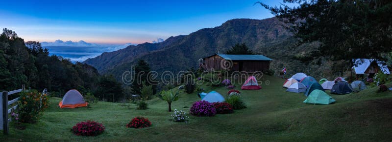 Panoramic View of a Sunrise Over the Mountains in the Camping Zone with ...