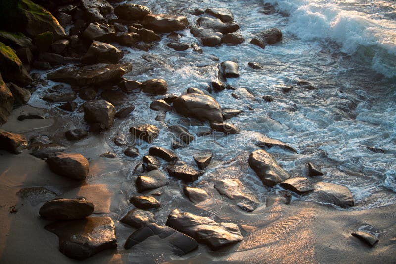 Panoramic View of Sunset Over Ocean. Sea Waves Lash Line Impact Rock on ...