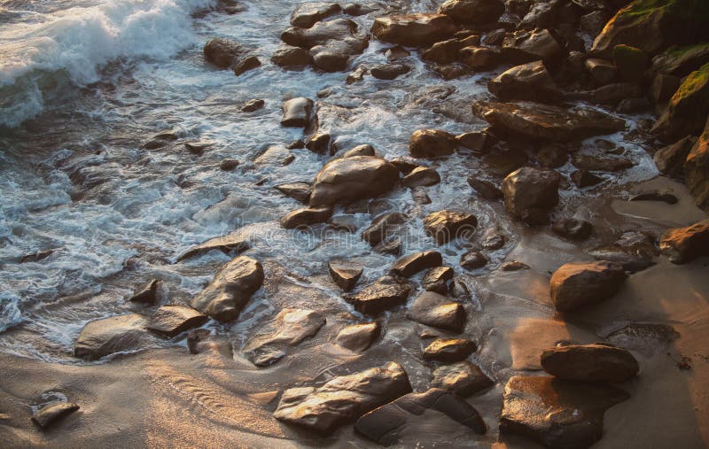 Panoramic View of Sunset Over Ocean. Sea Waves Lash Line Impact Rock on ...