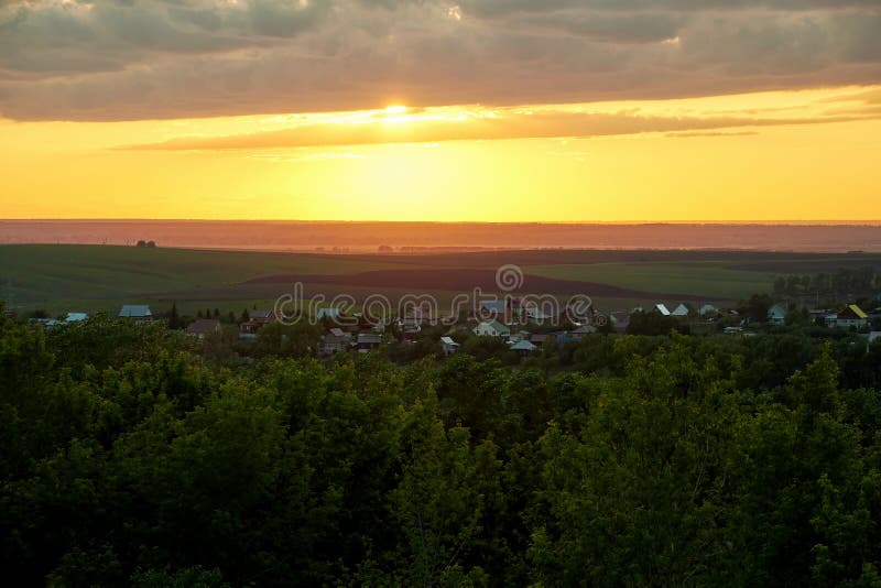Panoramic View of the Sunset Over the Valley and the Village Stock ...