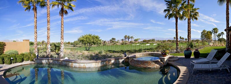 Panoramic View of Swimming Pool, Hot Tub and Golf Course Stock Photo ...