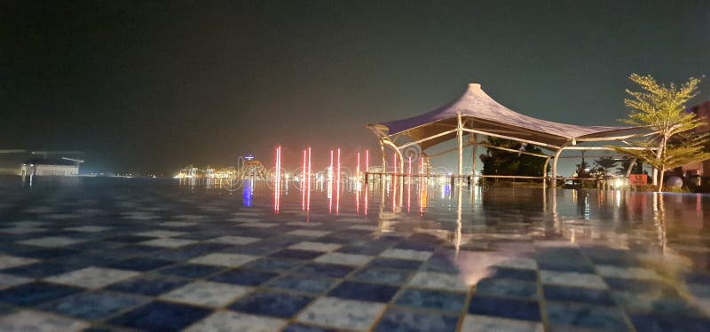 Panoramic View of the Swimming Pool at Night Stock Image - Image of ...