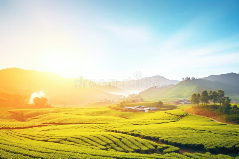 Panoramic View of Tea Plantation with Clear Sky at Golden Hour Stock ...
