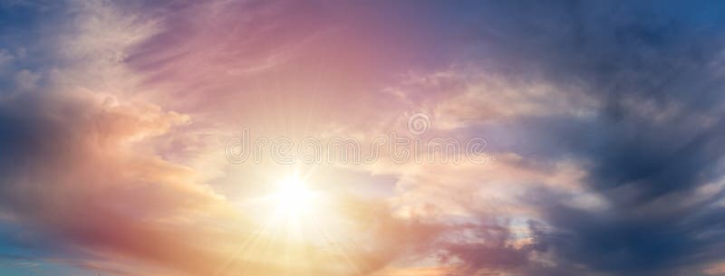 Panoramic View To Nice Sunset Cumulus Cloud on Blue Sky with Sun Stock ...