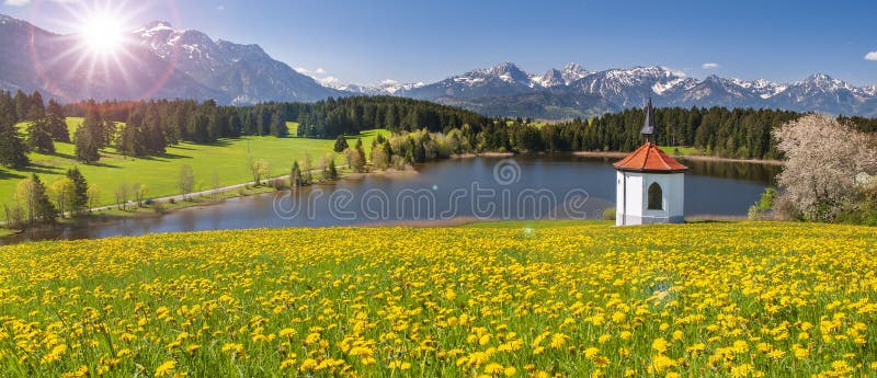 Panoramic View To Rural Landscape with Mountain Range and Meadow at ...