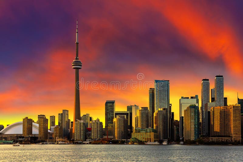 Toronto and CN Tower at Sunset Stock Photo - Image of financial ...