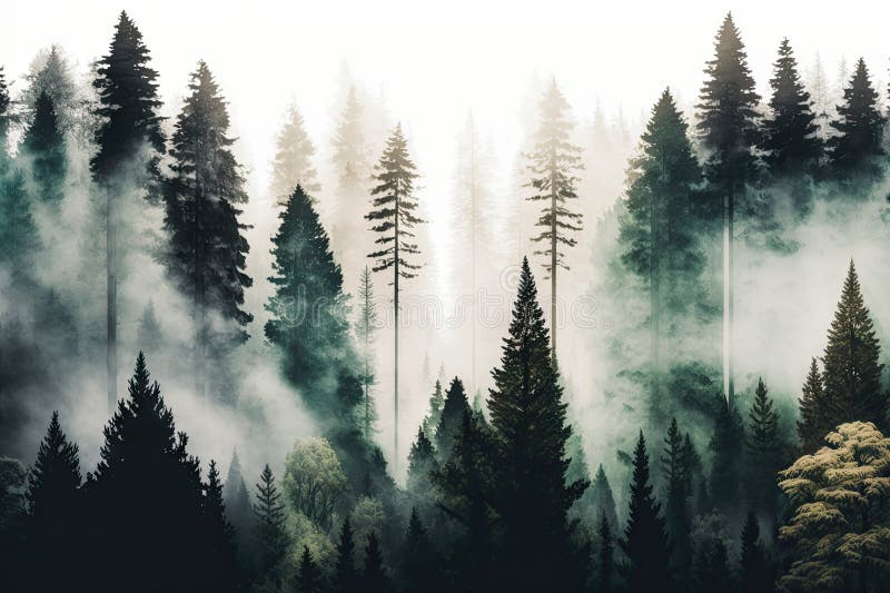 Panoramic View of Towering Trees, Surrounded by Misty Forest Stock ...