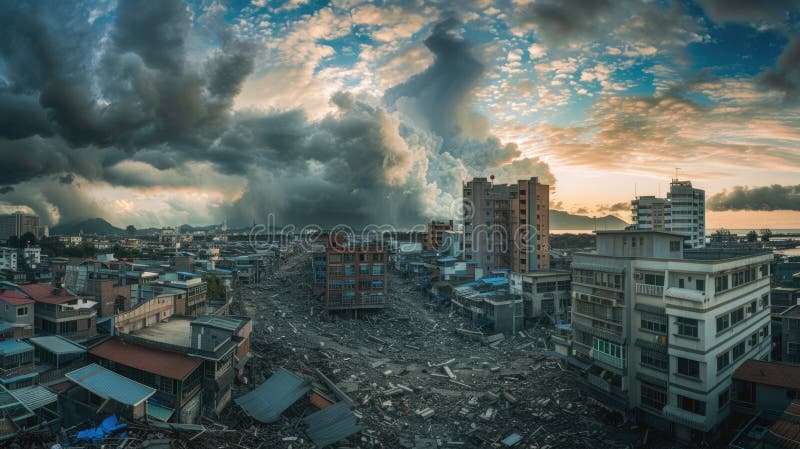 Panoramic View of Urban Destruction after a Disaster. Dramatic ...