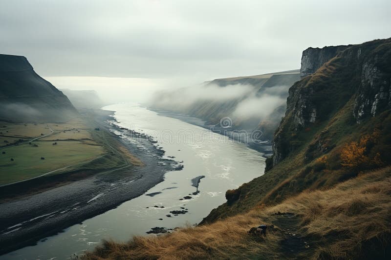 Panoramic View of the Valley with Hills and River from a High Cliff ...