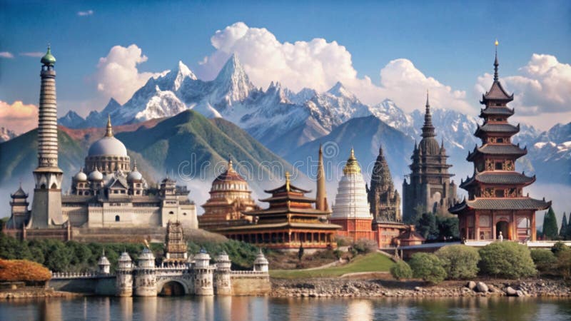 A Panoramic View of Various Religious Buildings in Front of a Mountain ...