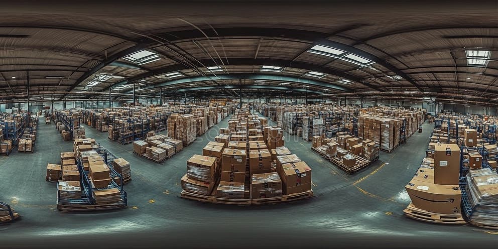 Panoramic View of a Vast Amazon Warehouse Packed with Countless ...