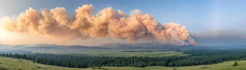 Panoramic View of a Vast Forest with a Distant Wildfire Creating a ...