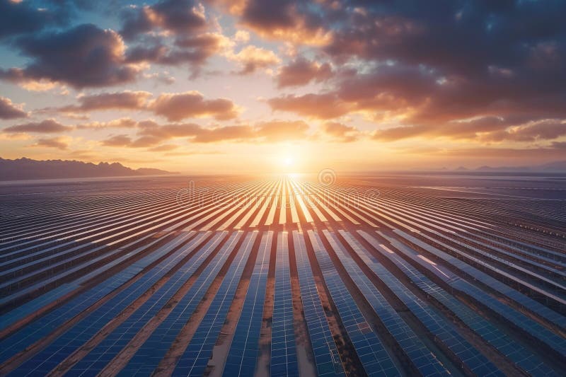 A Panoramic View of a Vast Solar Farm at Sunrise with Rows of Solar ...
