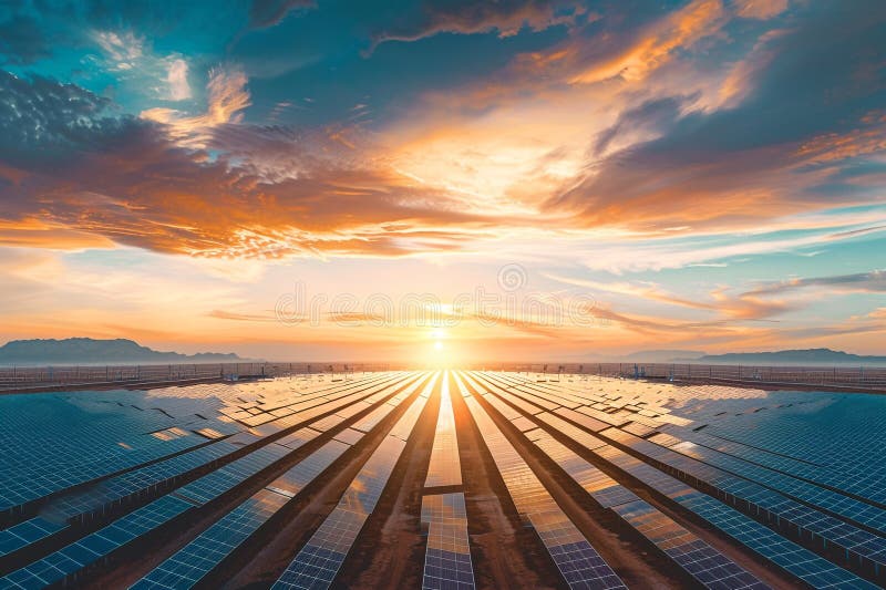 A Panoramic View of a Vast Solar Farm at Sunrise with Rows of Solar ...