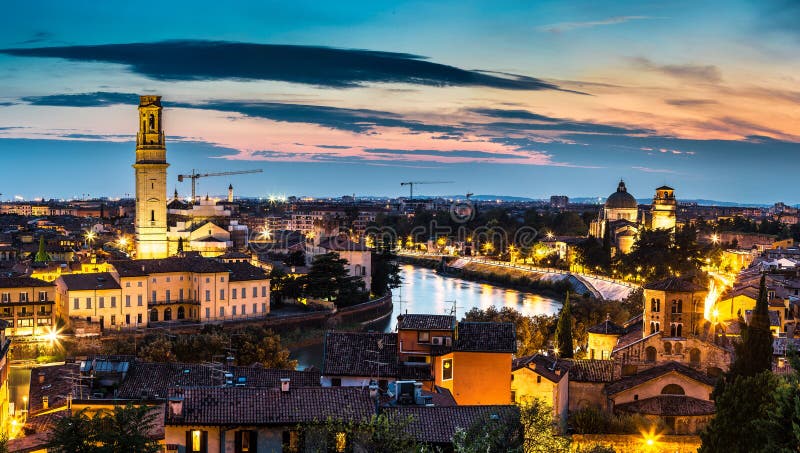 Verona at sunset in Italy stock photo. Image of river - 186610484