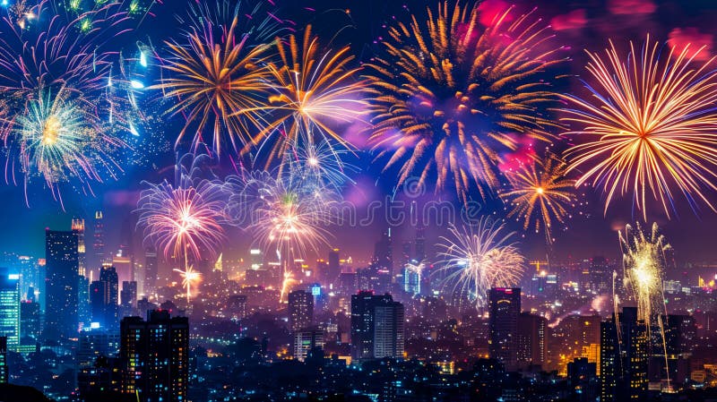 Spectacular Fireworks Display Over Vibrant City Night Skyline Festive ...