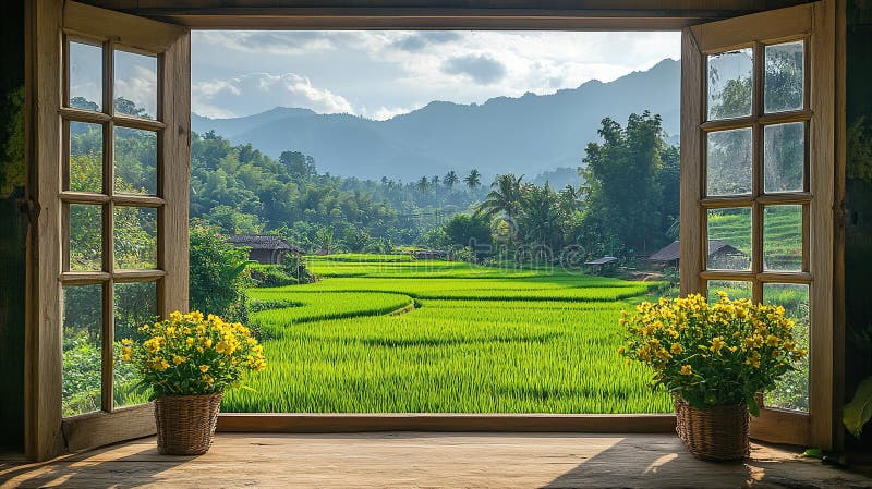 Panoramic View of Vibrant Green Rice Paddy Fields and Mountains Seen ...